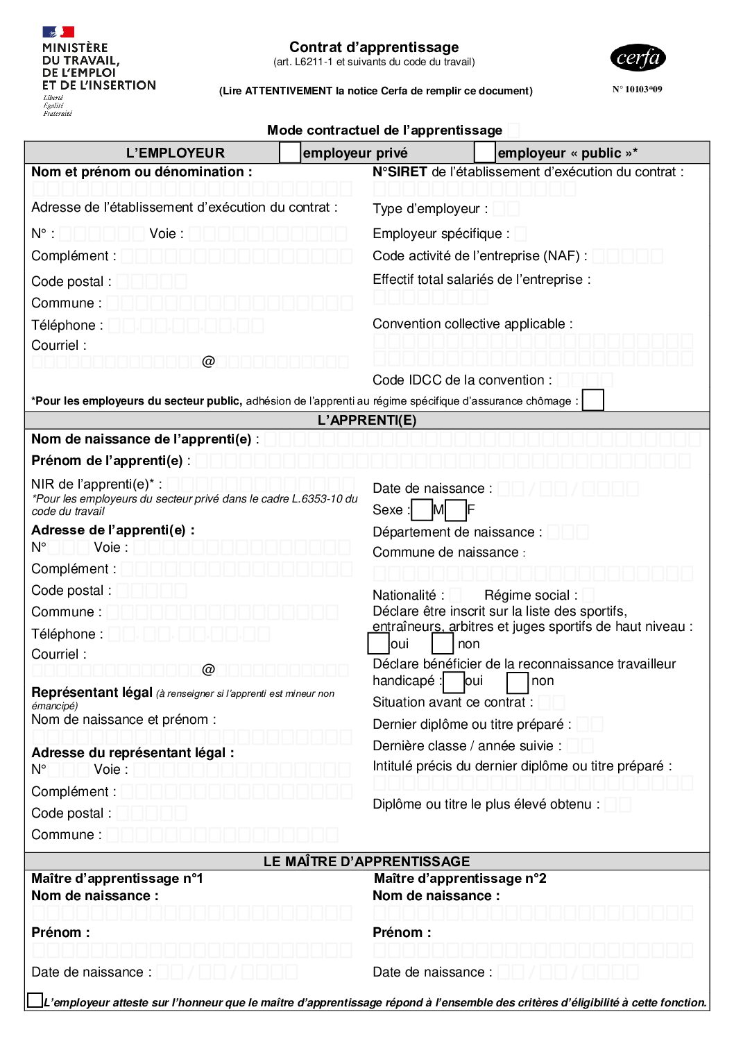 modele cerfa contrat d’apprentissage pdf remplissable n 10103 09 | Bulletins de Paie 2024 ...